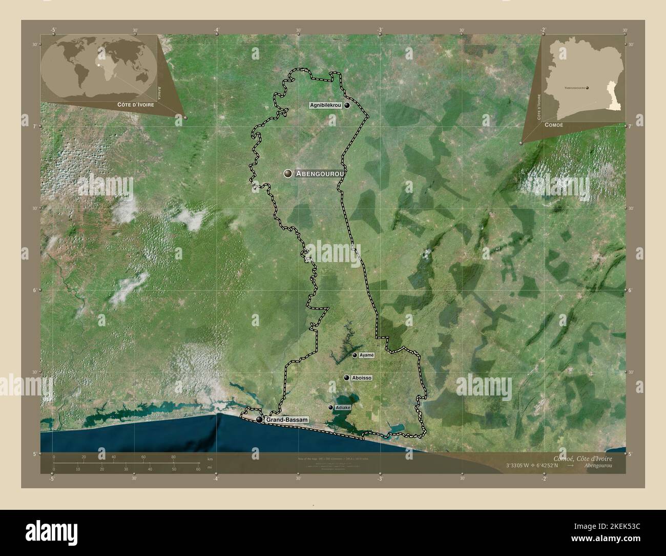 Comoe, district of Cote d'Ivoire. High resolution satellite map ...