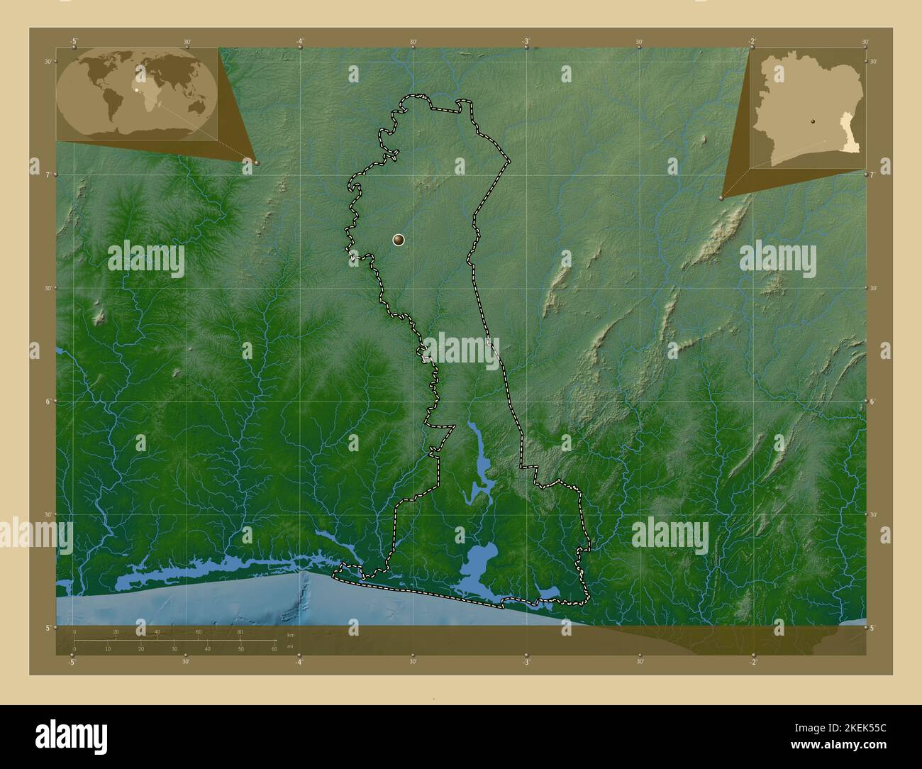 Comoe, district of Cote d'Ivoire. Colored elevation map with lakes and ...