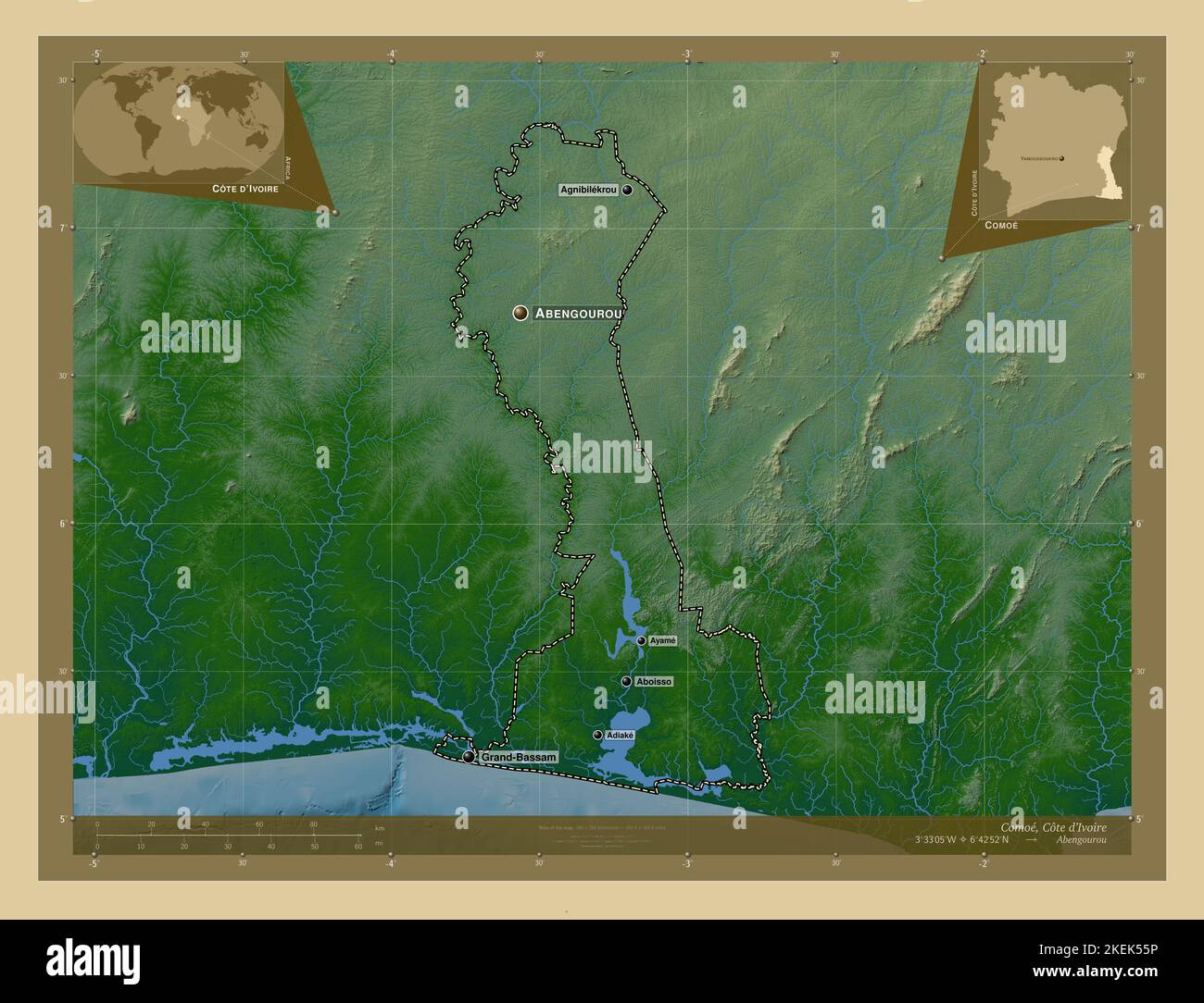 Comoe, district of Cote d'Ivoire. Colored elevation map with lakes and ...