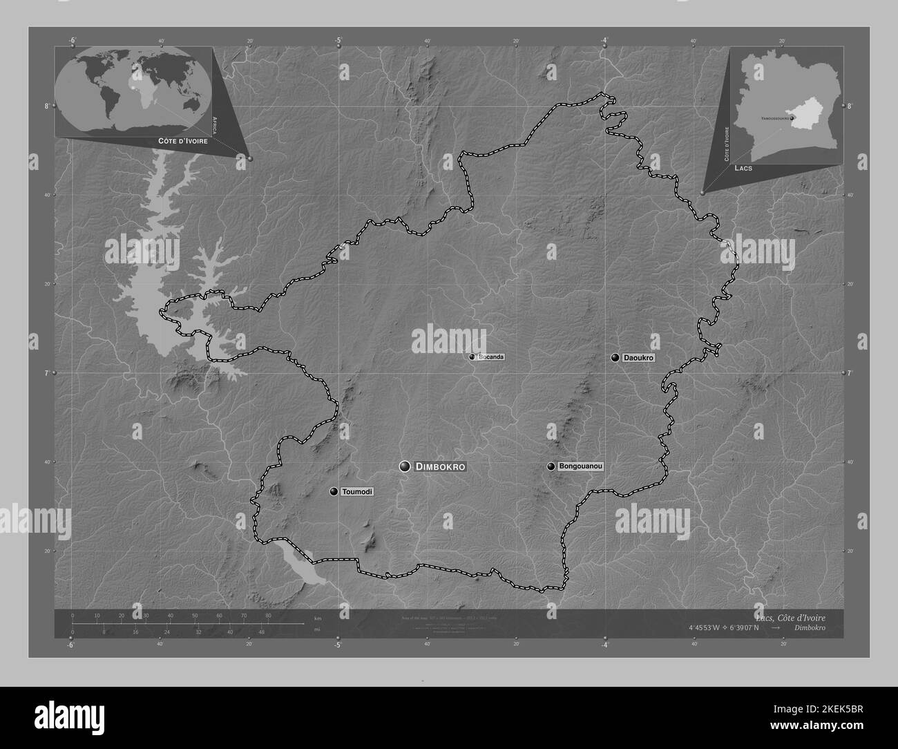 Lacs, district of Cote d'Ivoire. Grayscale elevation map with lakes and ...