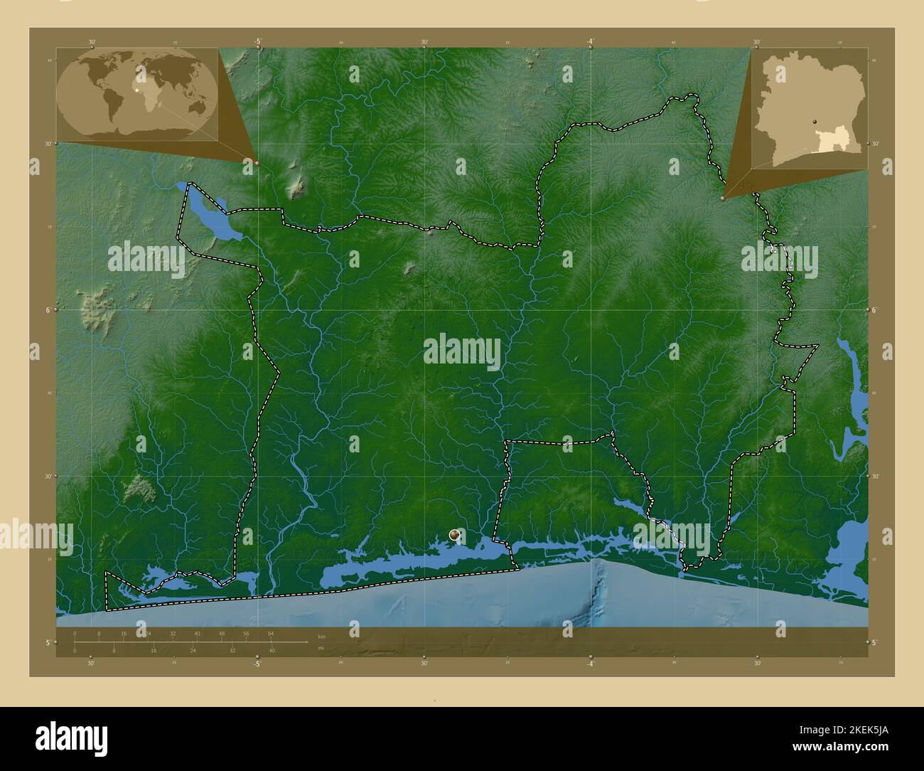 Lagunes, district of Cote d'Ivoire. Colored elevation map with lakes ...