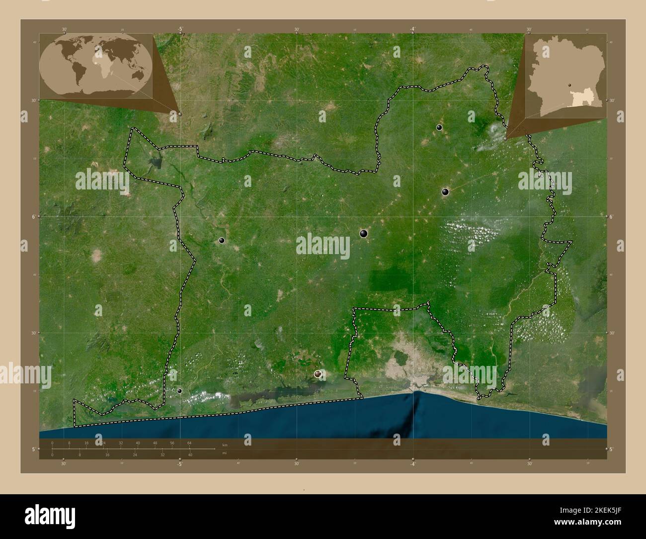 Lagunes, district of Cote d'Ivoire. Low resolution satellite map ...