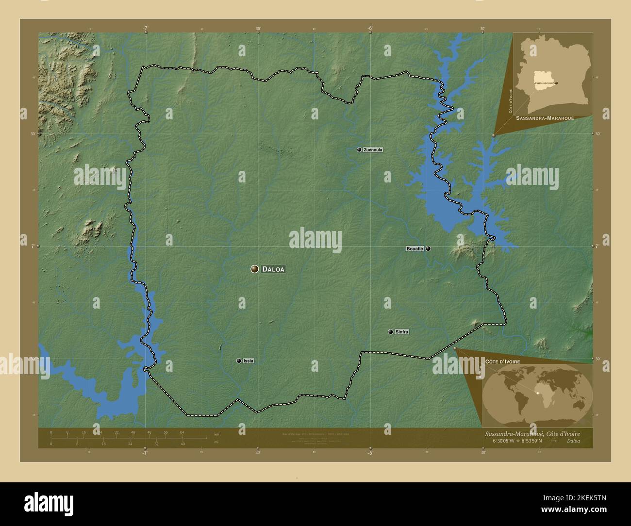 Sassandra-Marahoue, district of Cote d'Ivoire. Colored elevation map ...