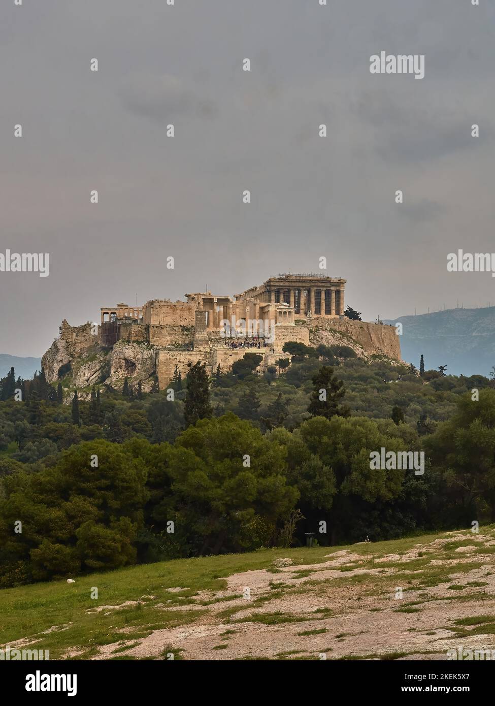 The Acropolis and Parthenon, seen from a clearing in the wooded slopes ...