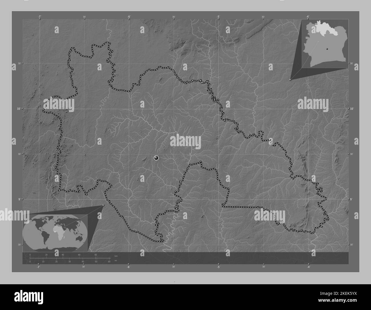 Savanes, district of Cote d'Ivoire. Grayscale elevation map with lakes ...
