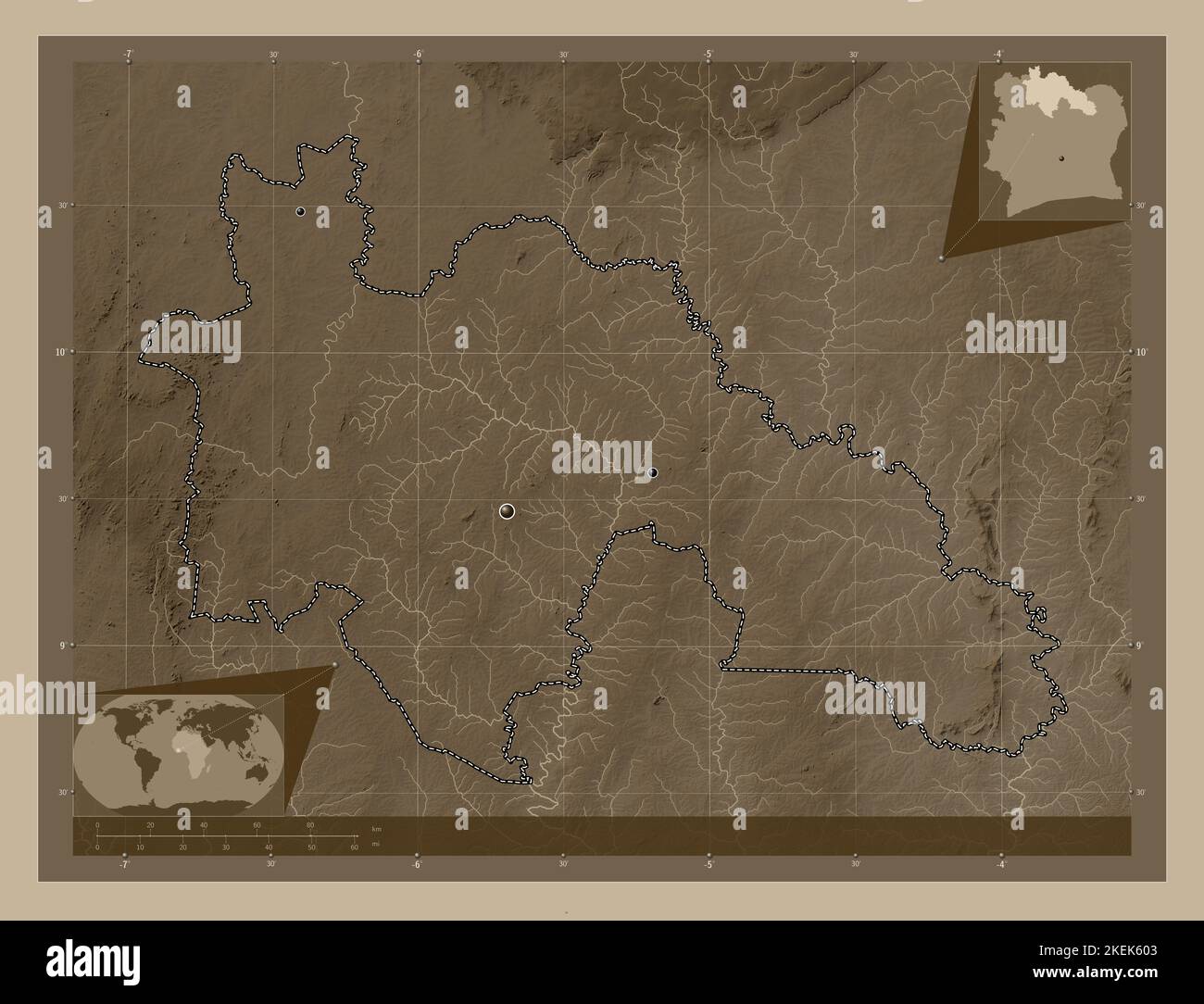 Savanes, district of Cote d'Ivoire. Elevation map colored in sepia ...