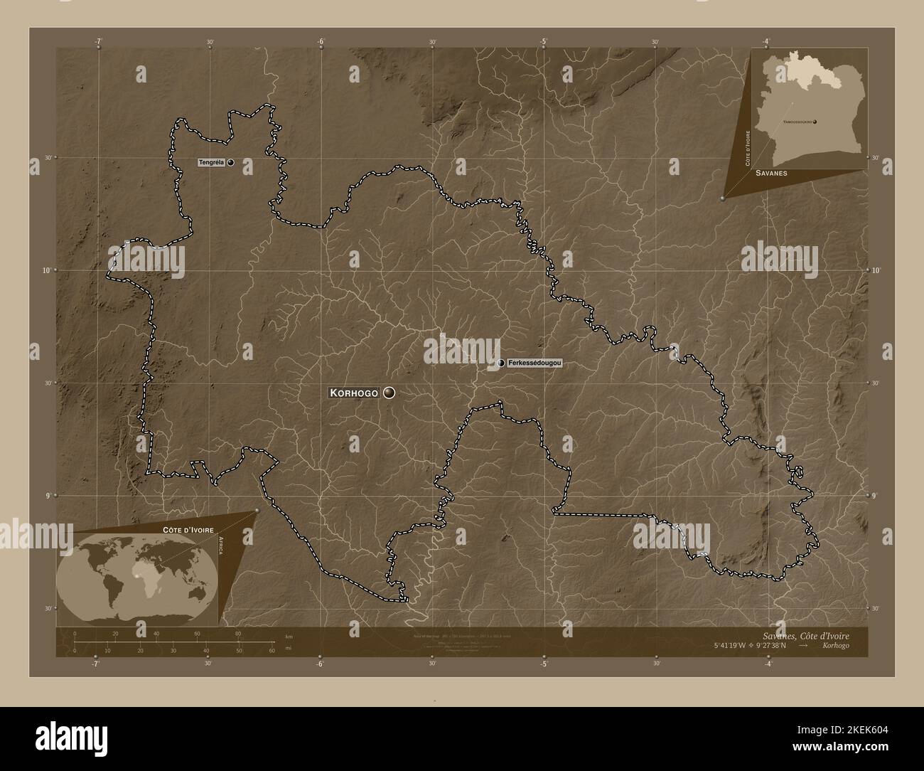 Savanes, district of Cote d'Ivoire. Elevation map colored in sepia ...