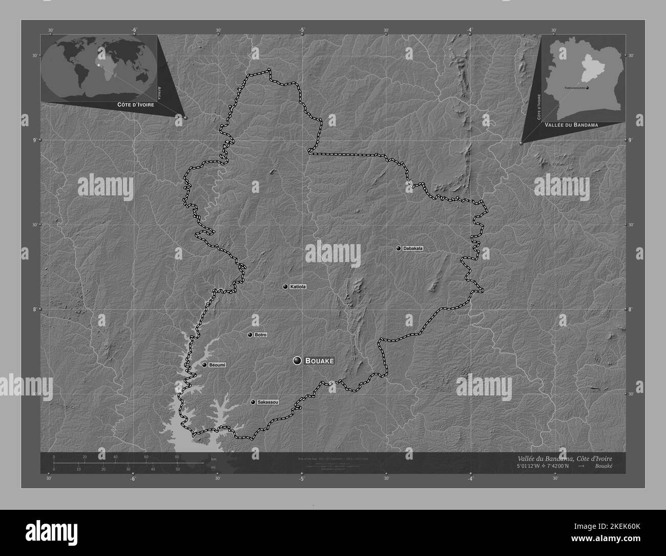 Vallee du Bandama, district of Cote d'Ivoire. Bilevel elevation map ...