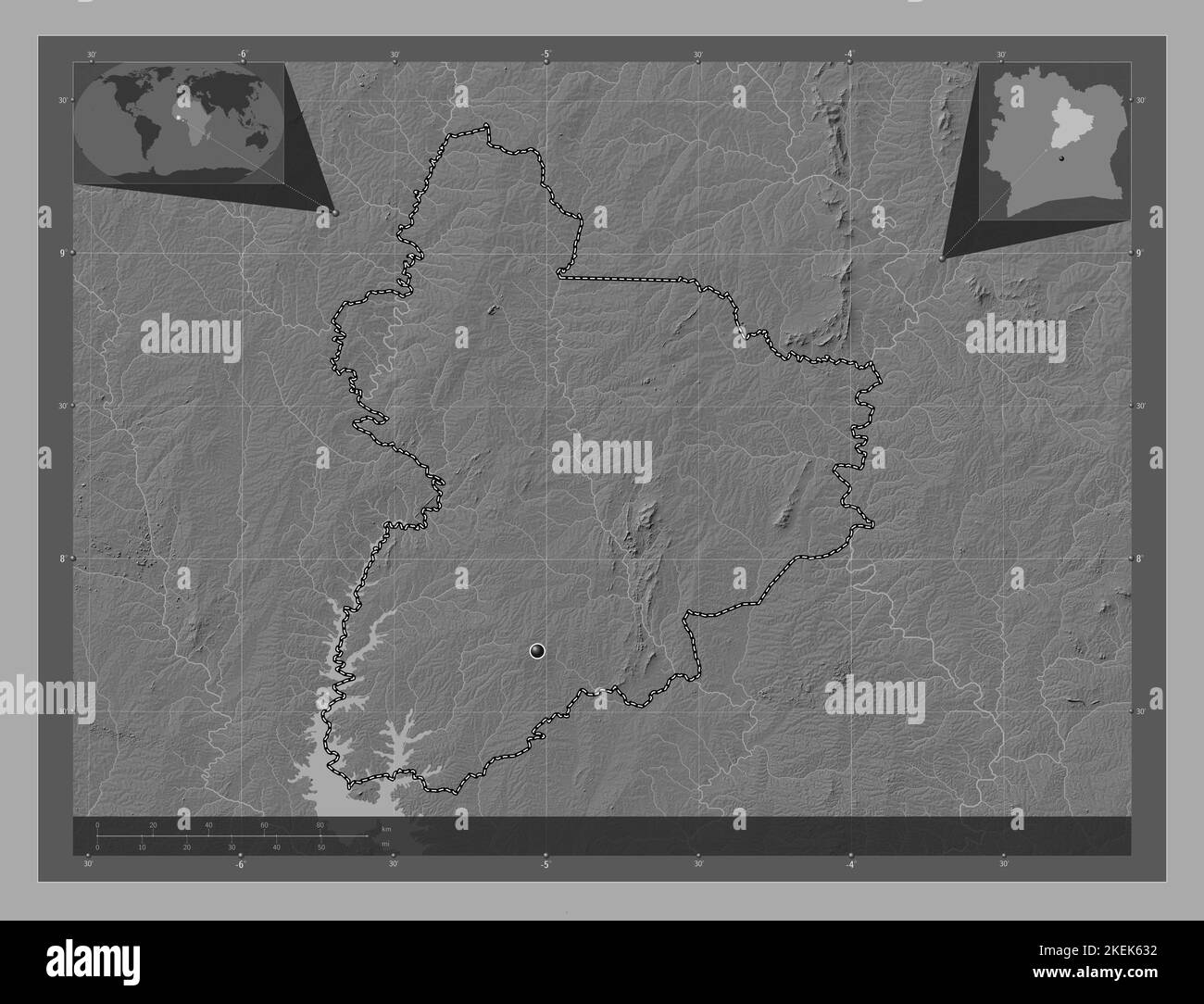 Vallee du Bandama, district of Cote d'Ivoire. Bilevel elevation map ...