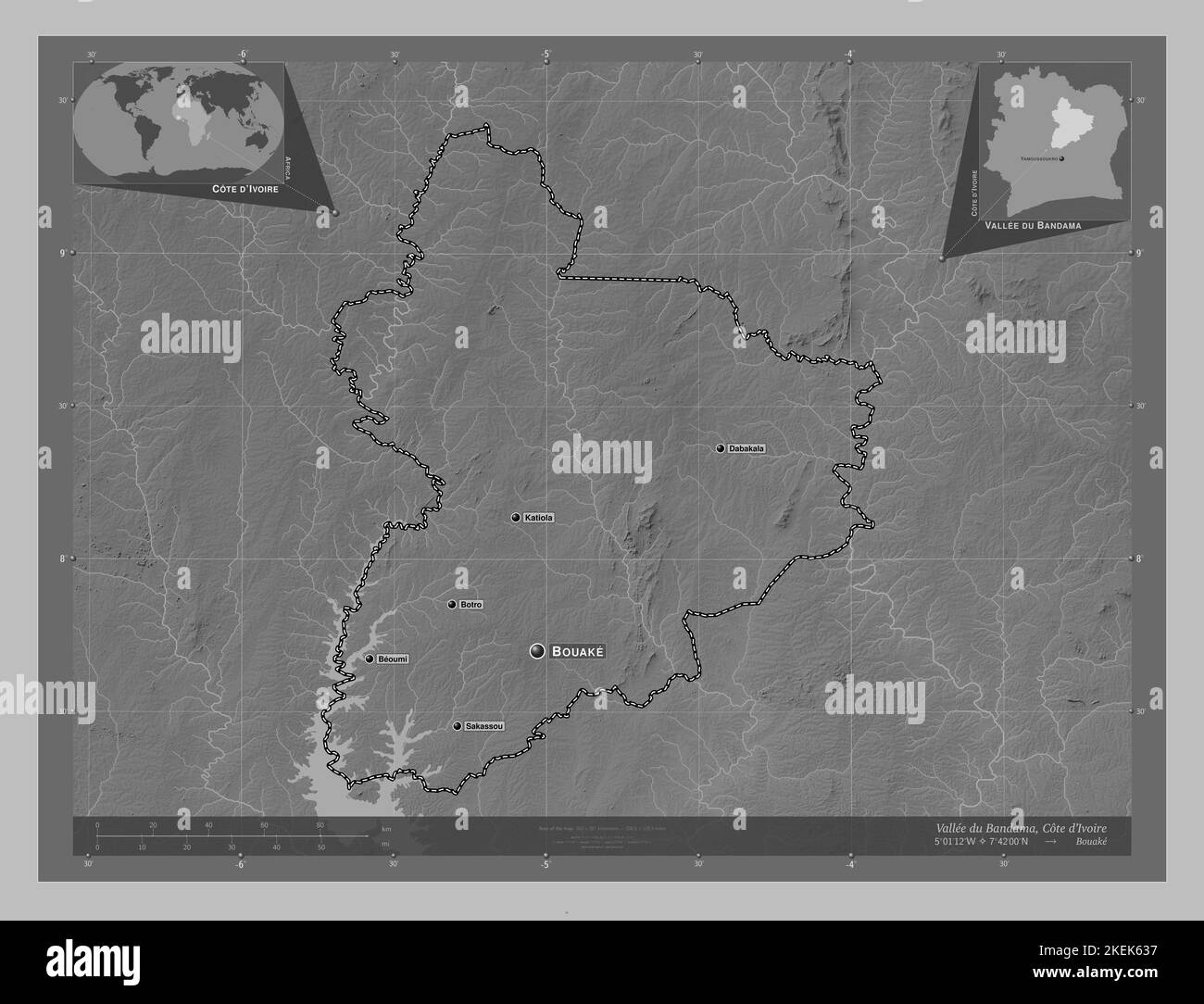 Vallee du Bandama, district of Cote d'Ivoire. Grayscale elevation map ...