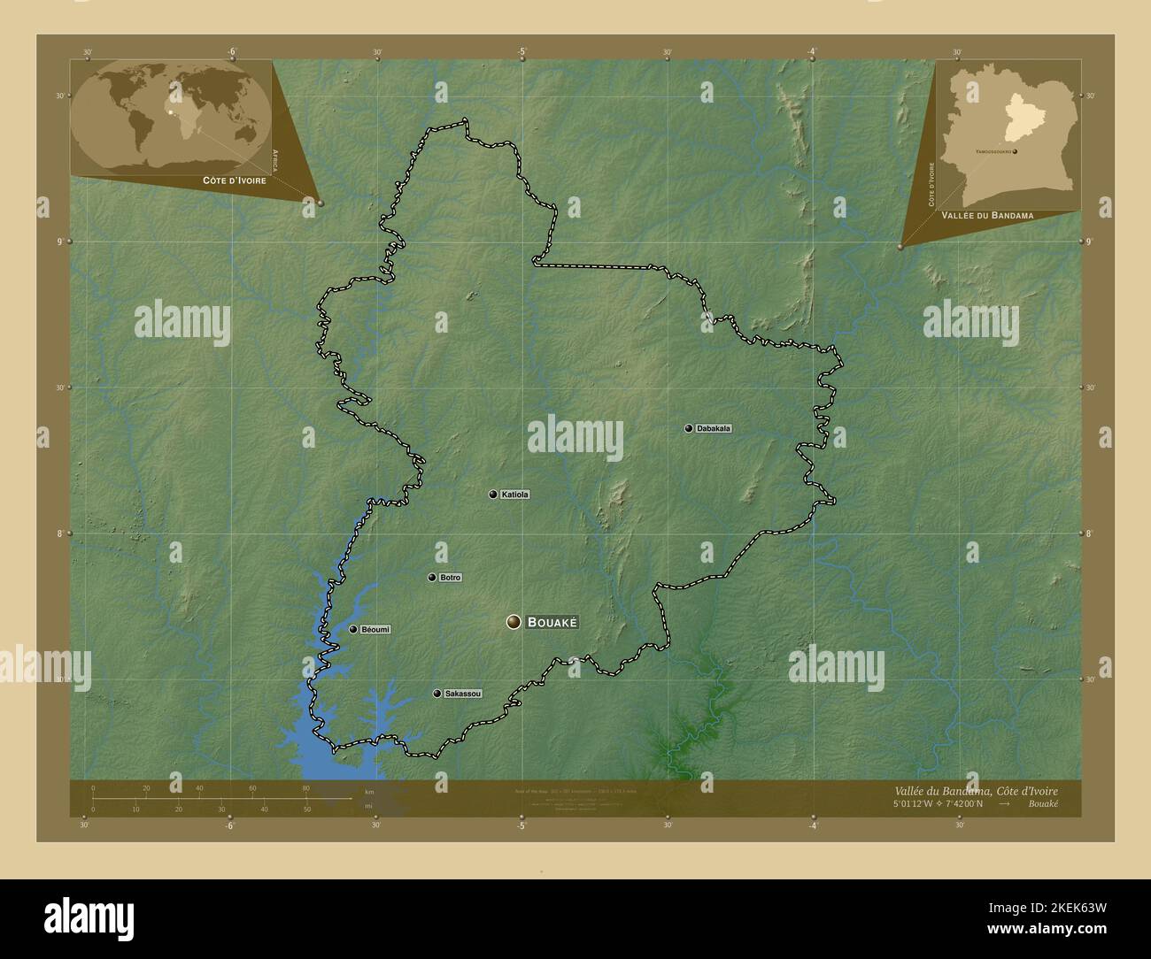 Vallee du Bandama, district of Cote d'Ivoire. Colored elevation map ...