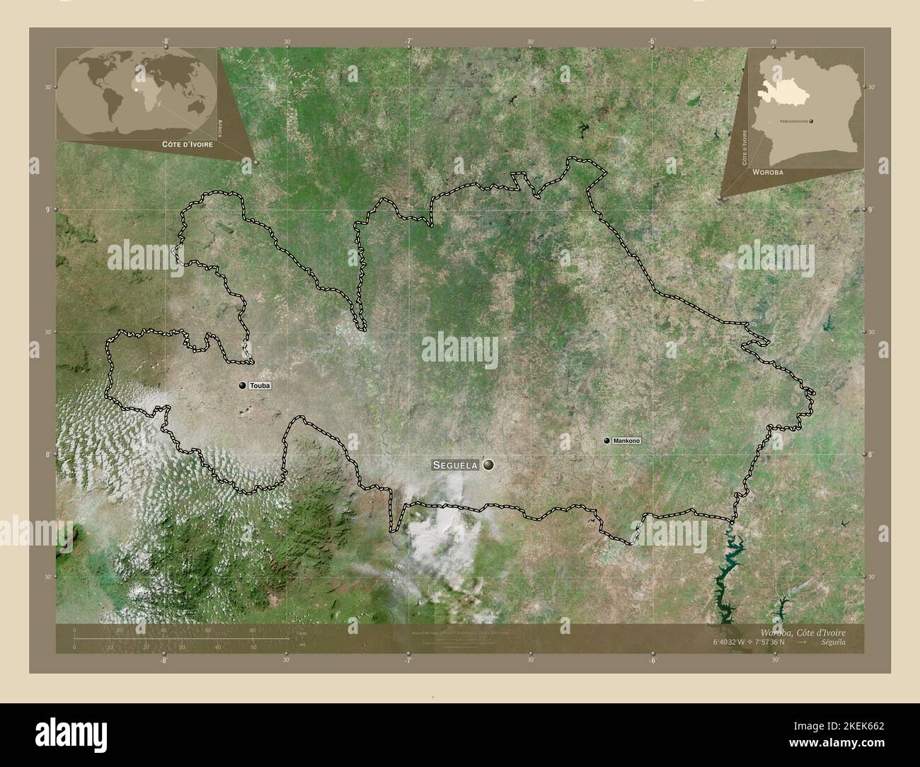 Woroba, district of Cote d'Ivoire. High resolution satellite map ...