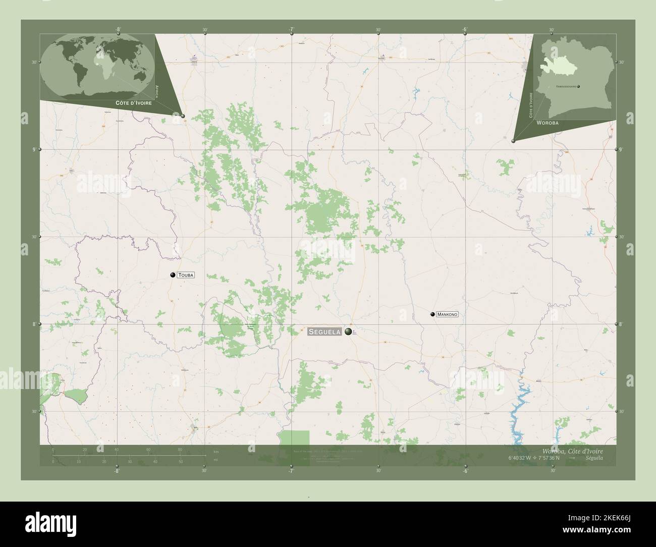 Woroba, district of Cote d'Ivoire. Open Street Map. Locations and names ...