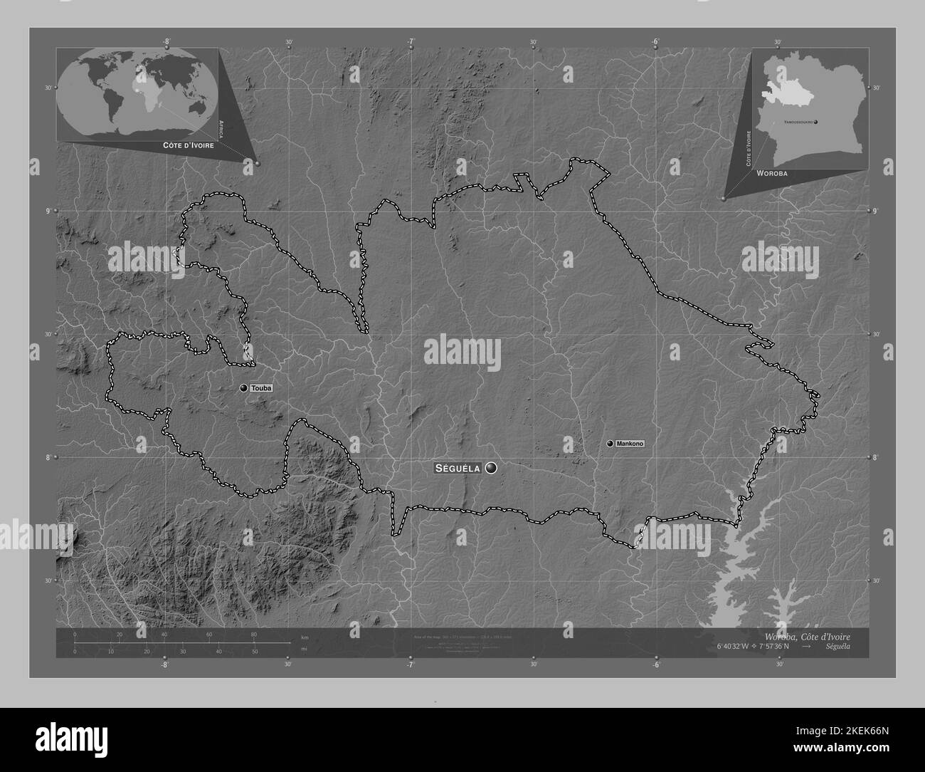 Woroba, district of Cote d'Ivoire. Grayscale elevation map with lakes ...