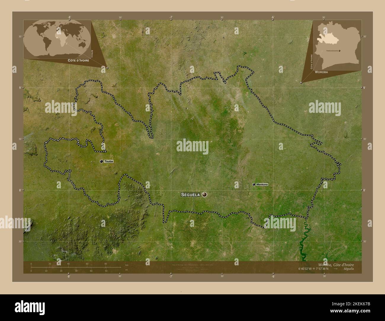 Woroba, district of Cote d'Ivoire. Low resolution satellite map ...