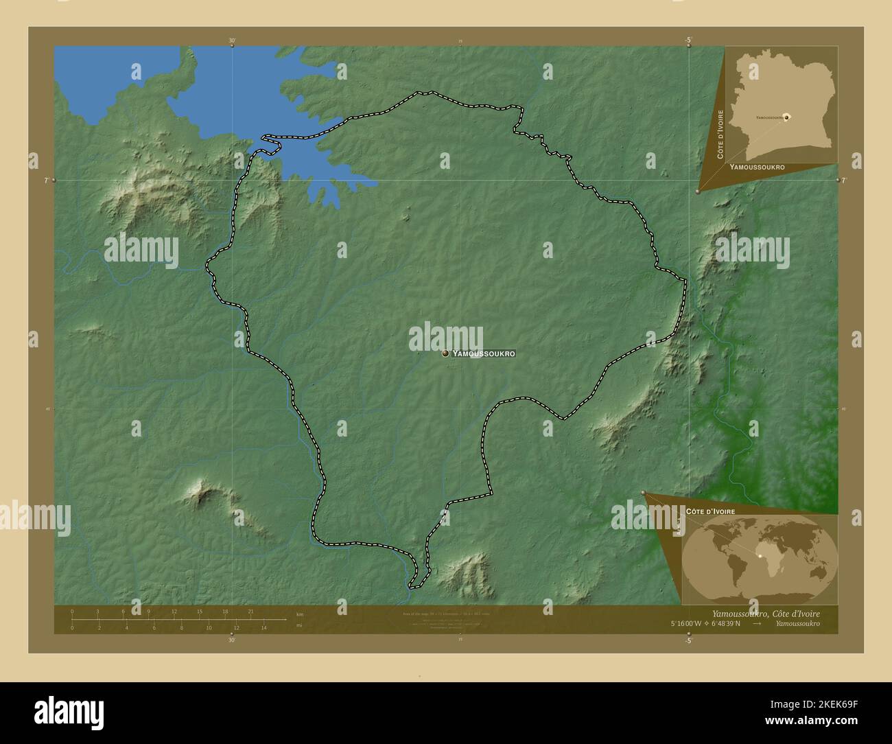 Yamoussoukro, autonomous district of Cote d'Ivoire. Colored elevation ...