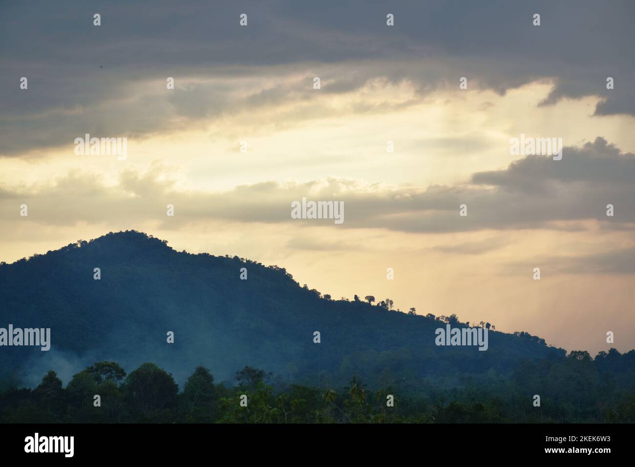 landscape of water reservoir lake with mountain background in sunset ...