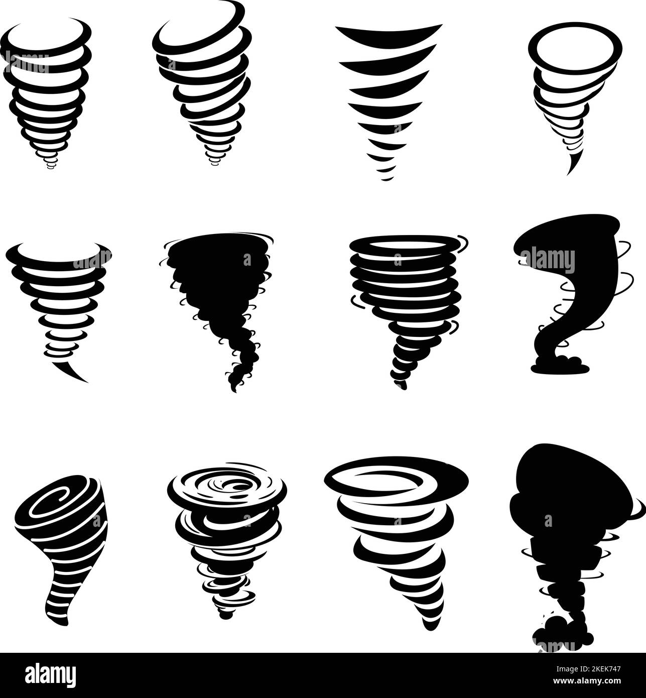 A vector illustration of black tornado symbol in various shapes on a ...