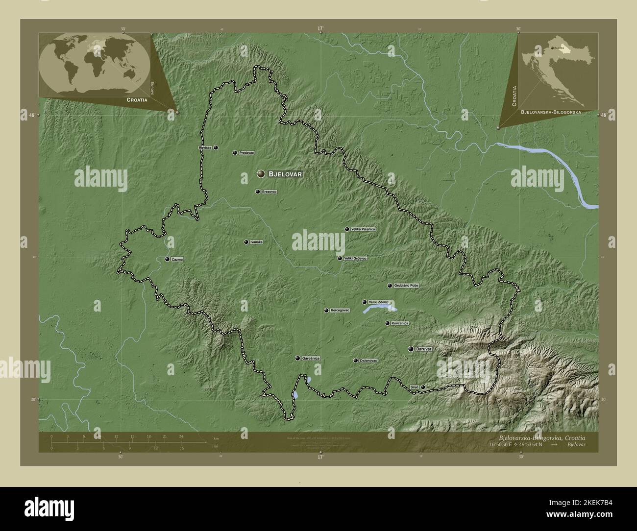 Bjelovarska-Bilogorska, county of Croatia. Elevation map colored in ...