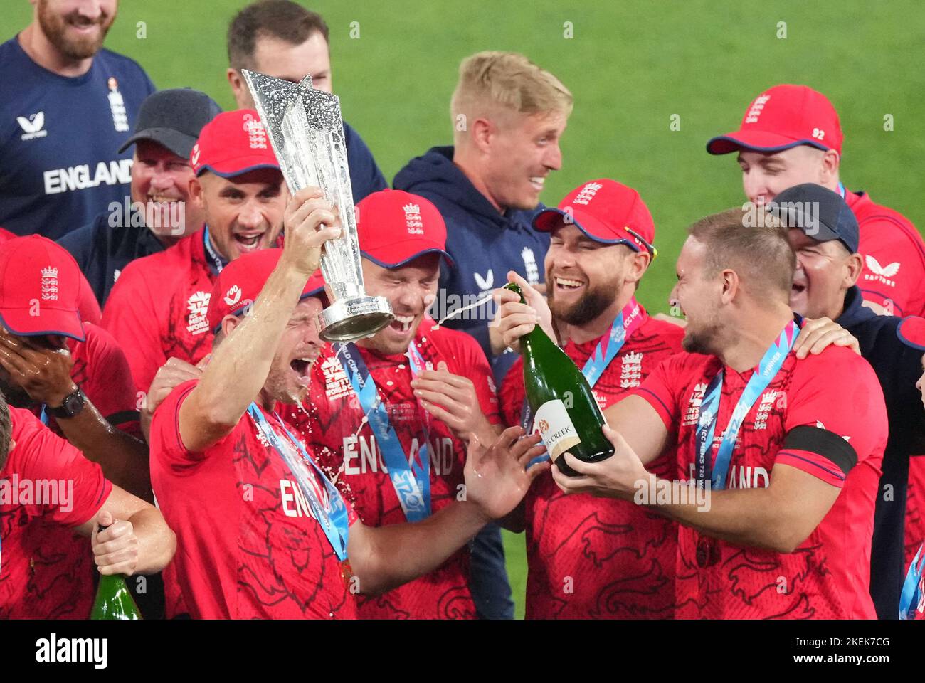 England captain Jos Buttler lift the trophy after winning the T20 World Cup Final match at the ...
