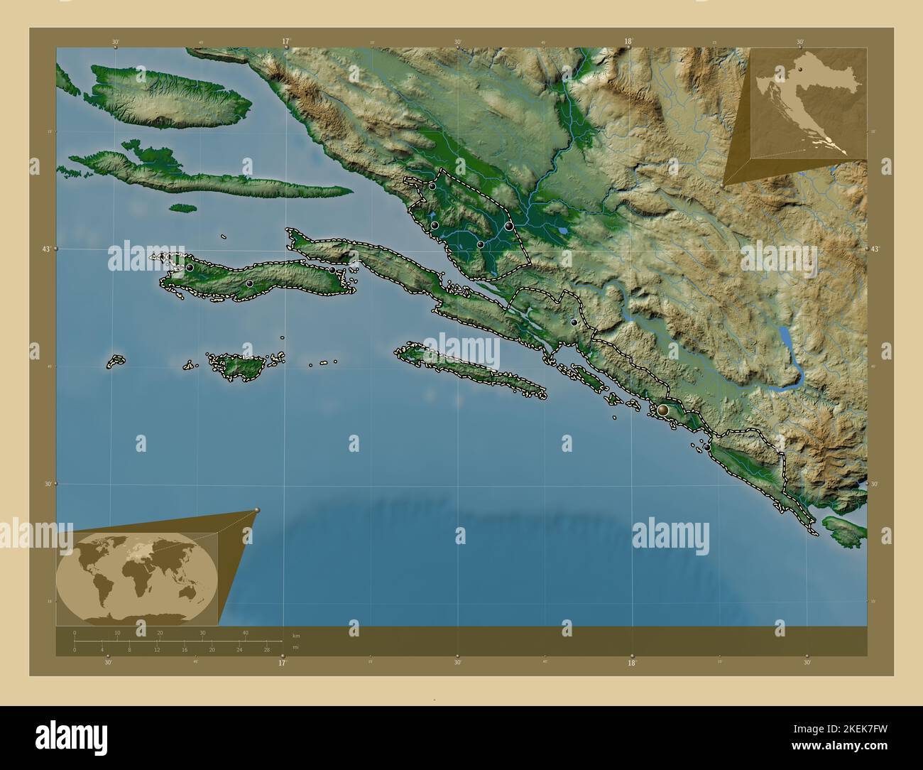 Dubrovacko Neretvanska County Of Croatia Colored Elevation Map With Lakes And Rivers