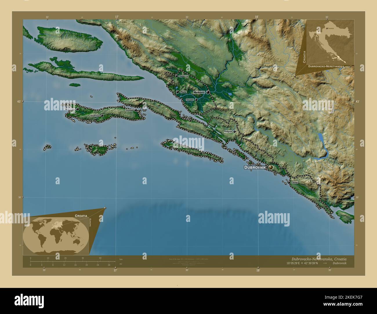 Dubrovacko-Neretvanska, county of Croatia. Colored elevation map with ...
