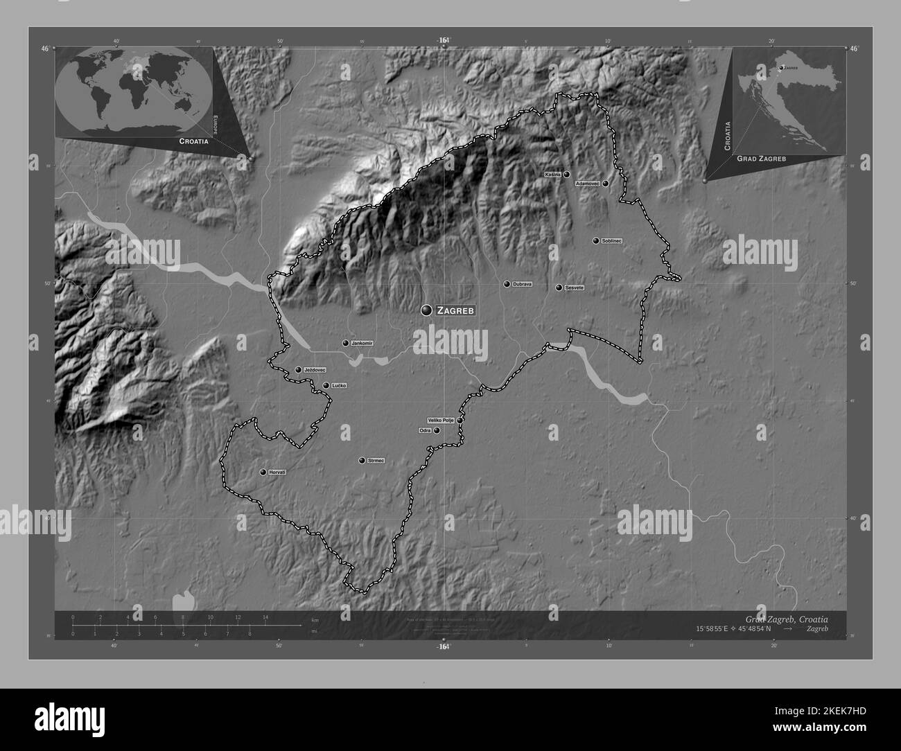 Grad Zagreb, city of Croatia. Bilevel elevation map with lakes and ...