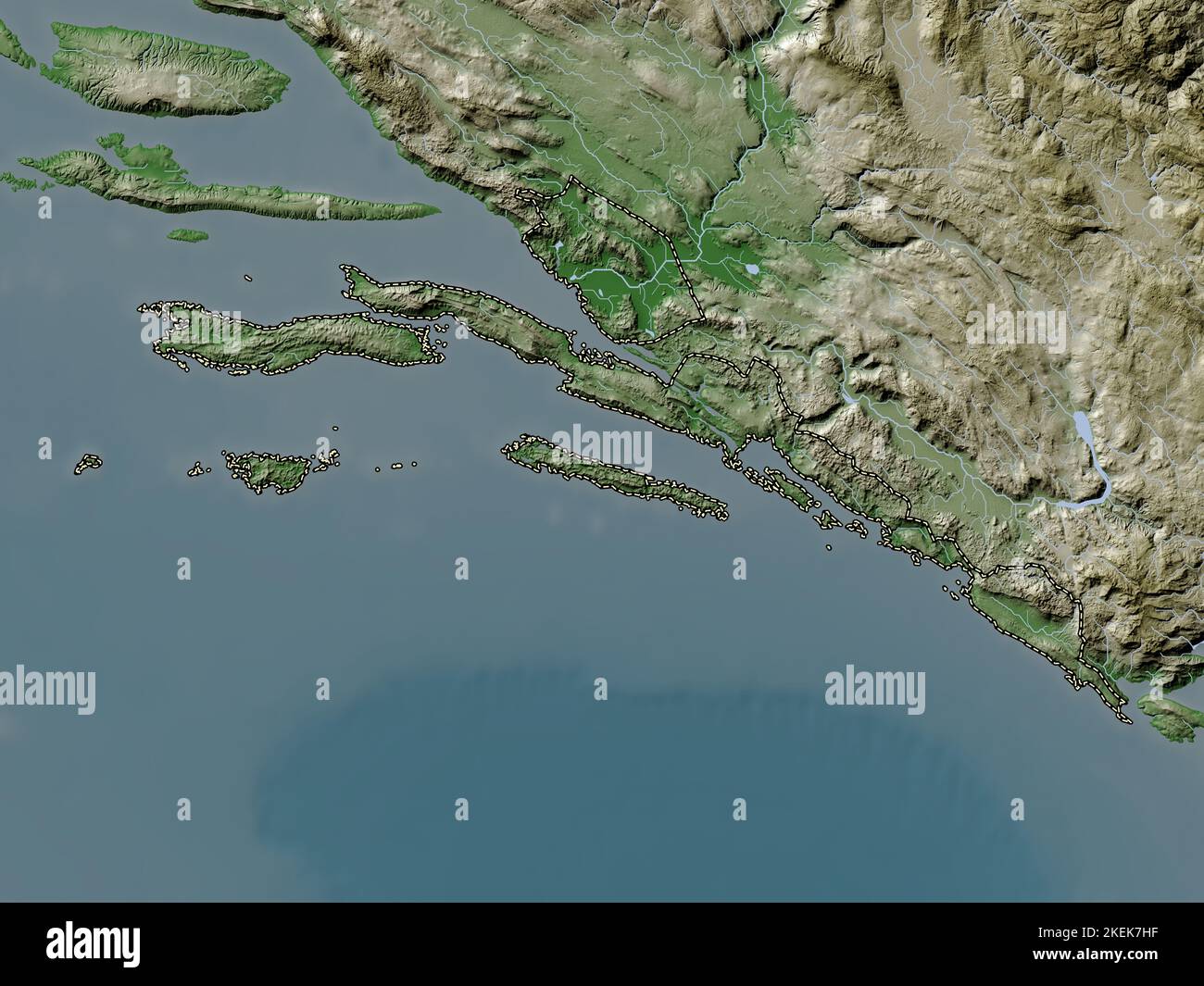 Dubrovacko-Neretvanska, county of Croatia. Elevation map colored in wiki style with lakes and ...