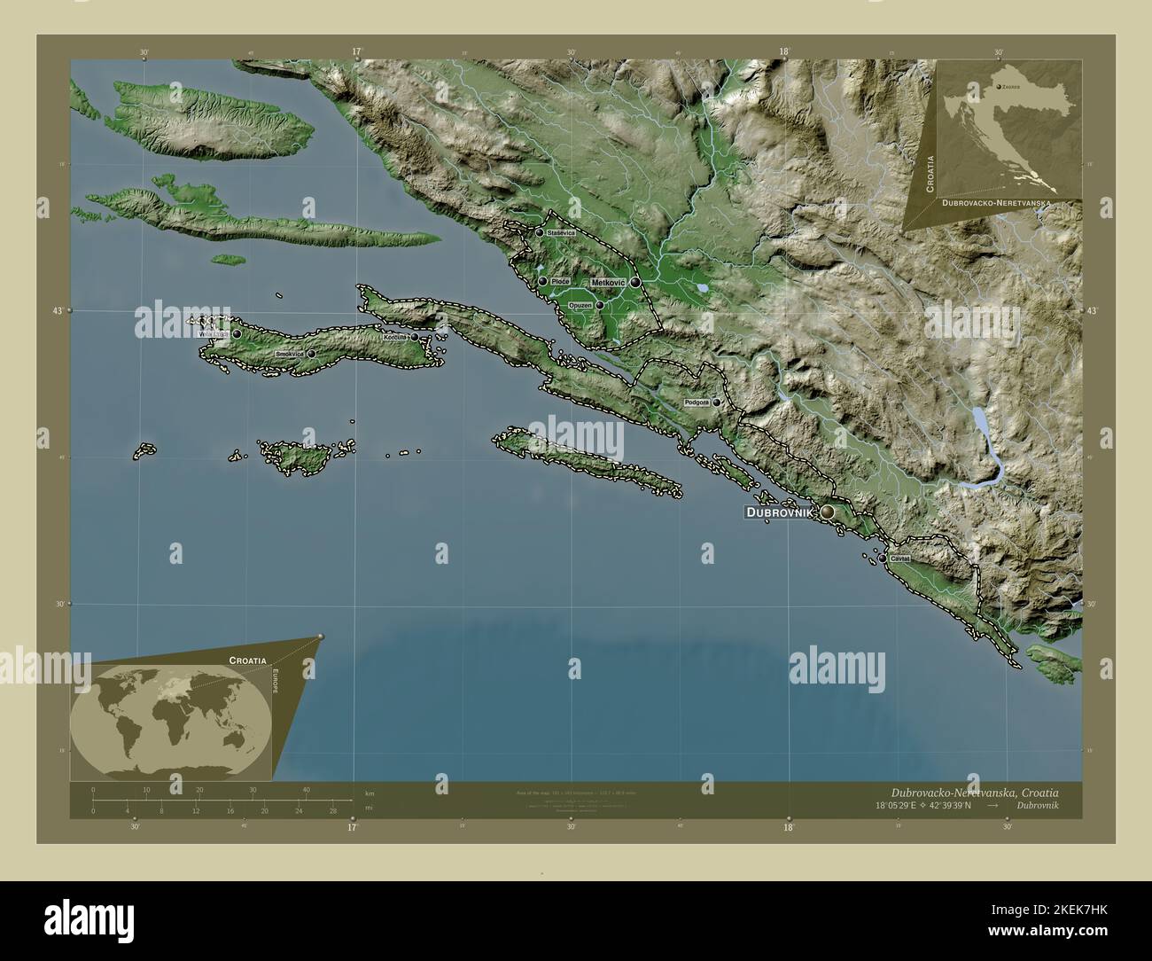 Dubrovacko-Neretvanska, county of Croatia. Elevation map colored in ...