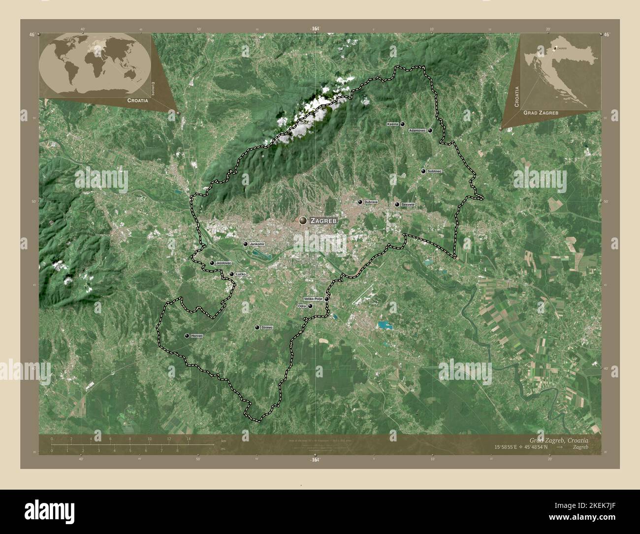 Grad Zagreb, city of Croatia. High resolution satellite map. Locations ...