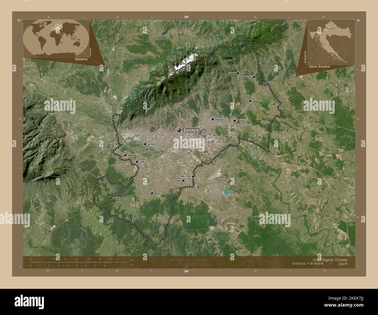 Grad Zagreb, city of Croatia. Low resolution satellite map. Locations ...
