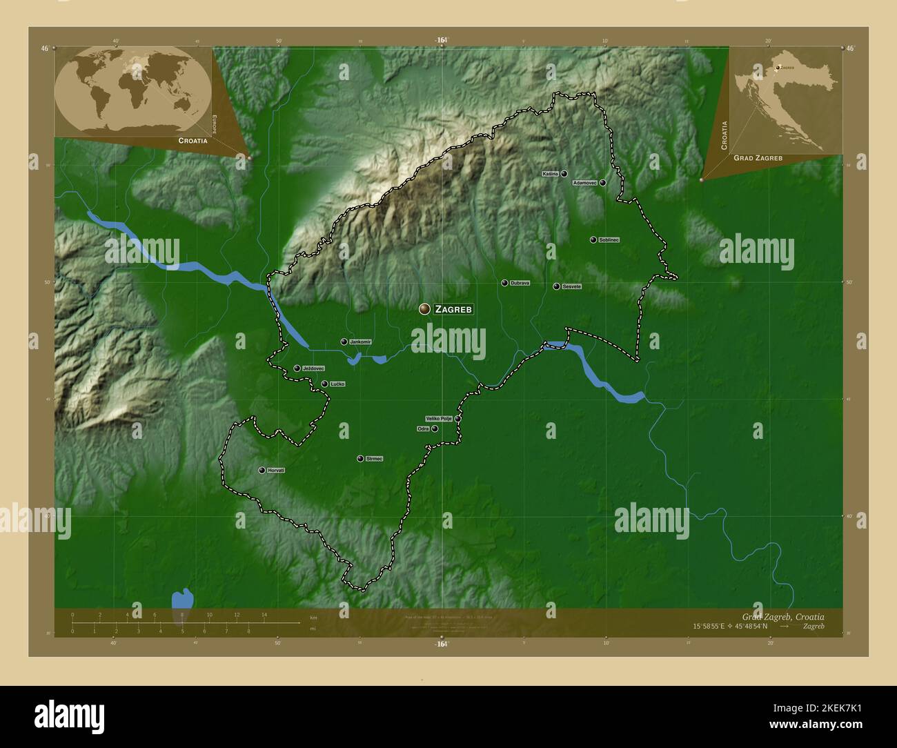 Grad Zagreb, city of Croatia. Colored elevation map with lakes and ...