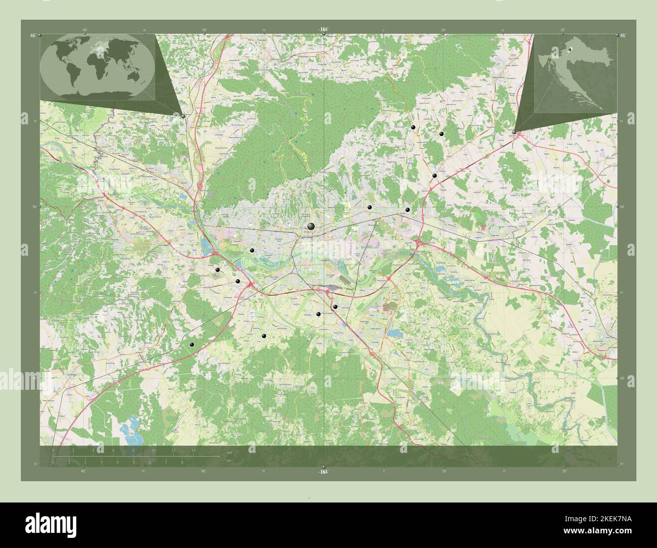 Grad Zagreb, city of Croatia. Open Street Map. Locations of major ...