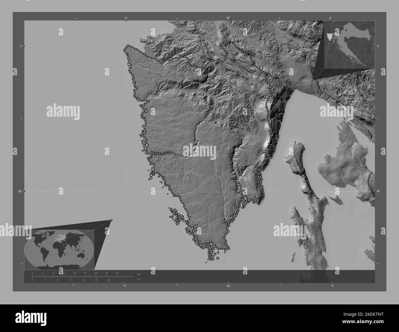 Istarska, county of Croatia. Bilevel elevation map with lakes and ...