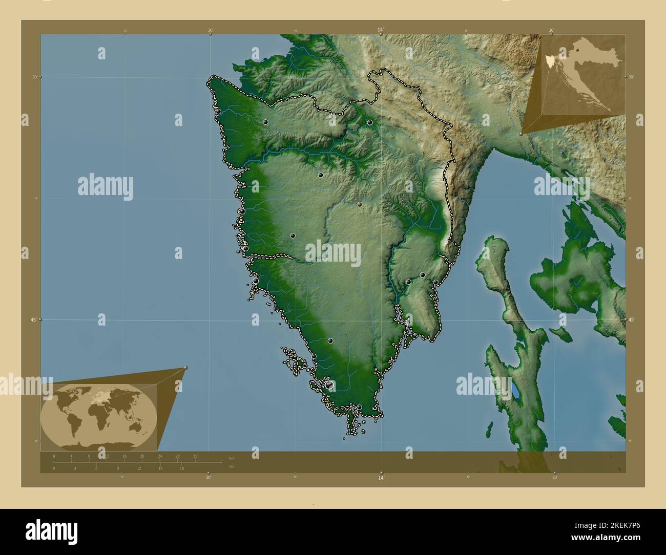 Istarska, county of Croatia. Colored elevation map with lakes and ...