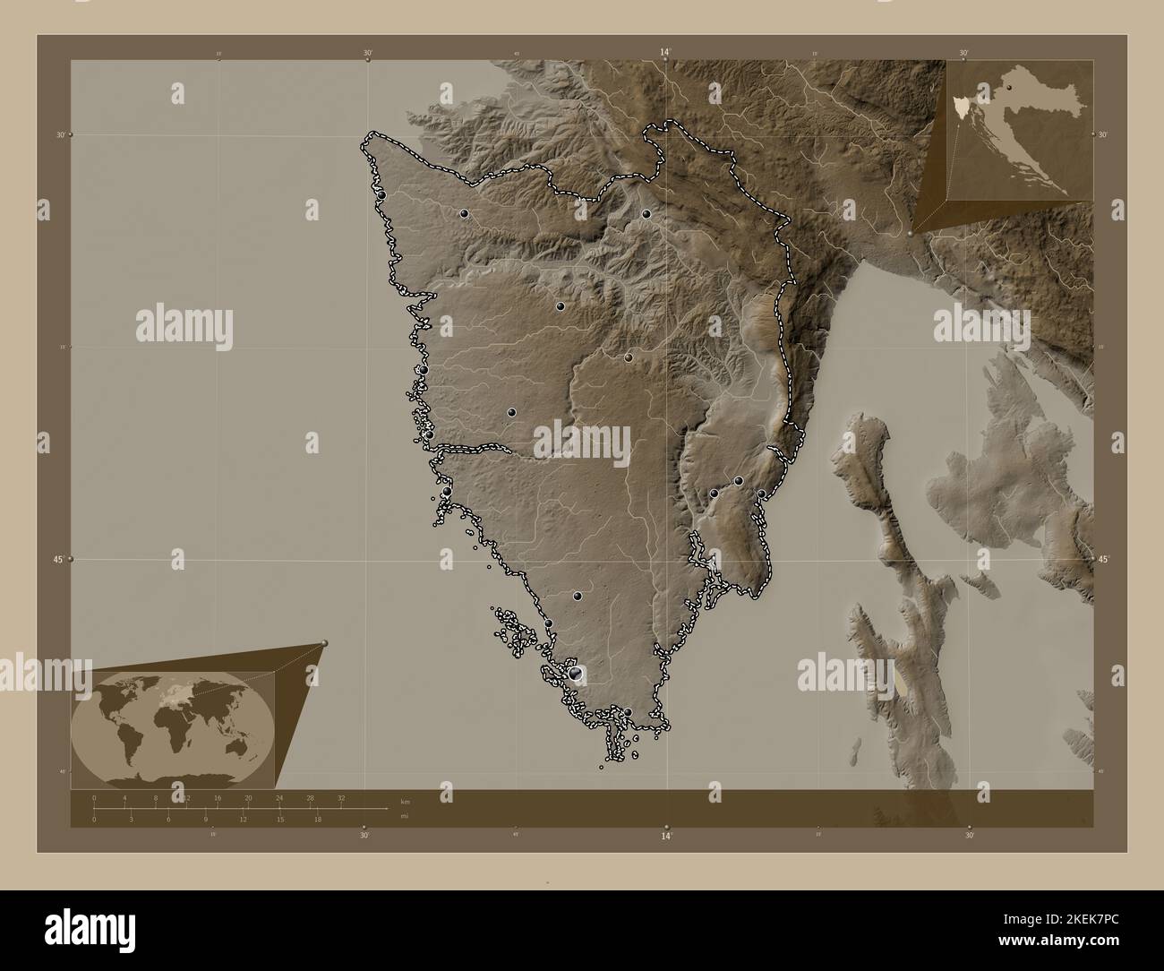 Istarska, county of Croatia. Elevation map colored in sepia tones with ...