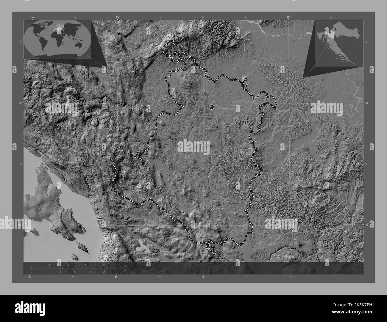 Karlovacka, county of Croatia. Bilevel elevation map with lakes and ...