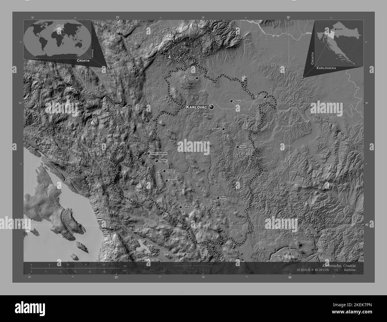Karlovacka, county of Croatia. Bilevel elevation map with lakes and ...