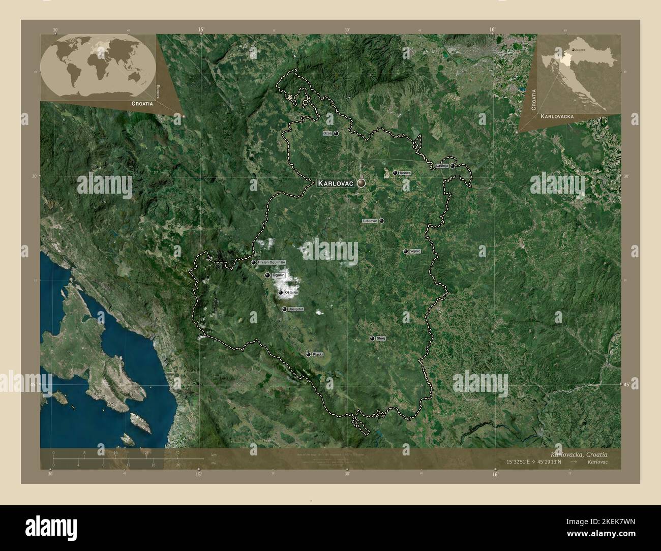Karlovacka, county of Croatia. High resolution satellite map. Locations ...