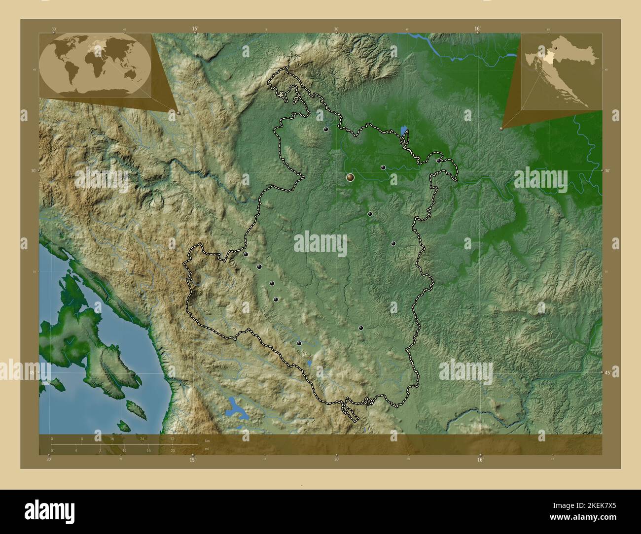 Karlovacka, county of Croatia. Colored elevation map with lakes and ...