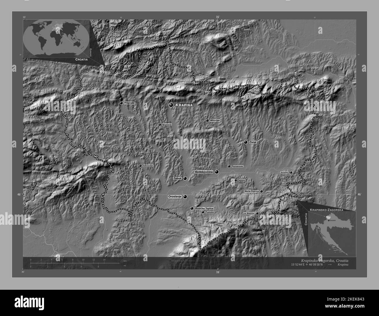 Krapinsko-Zagorska, county of Croatia. Bilevel elevation map with lakes ...