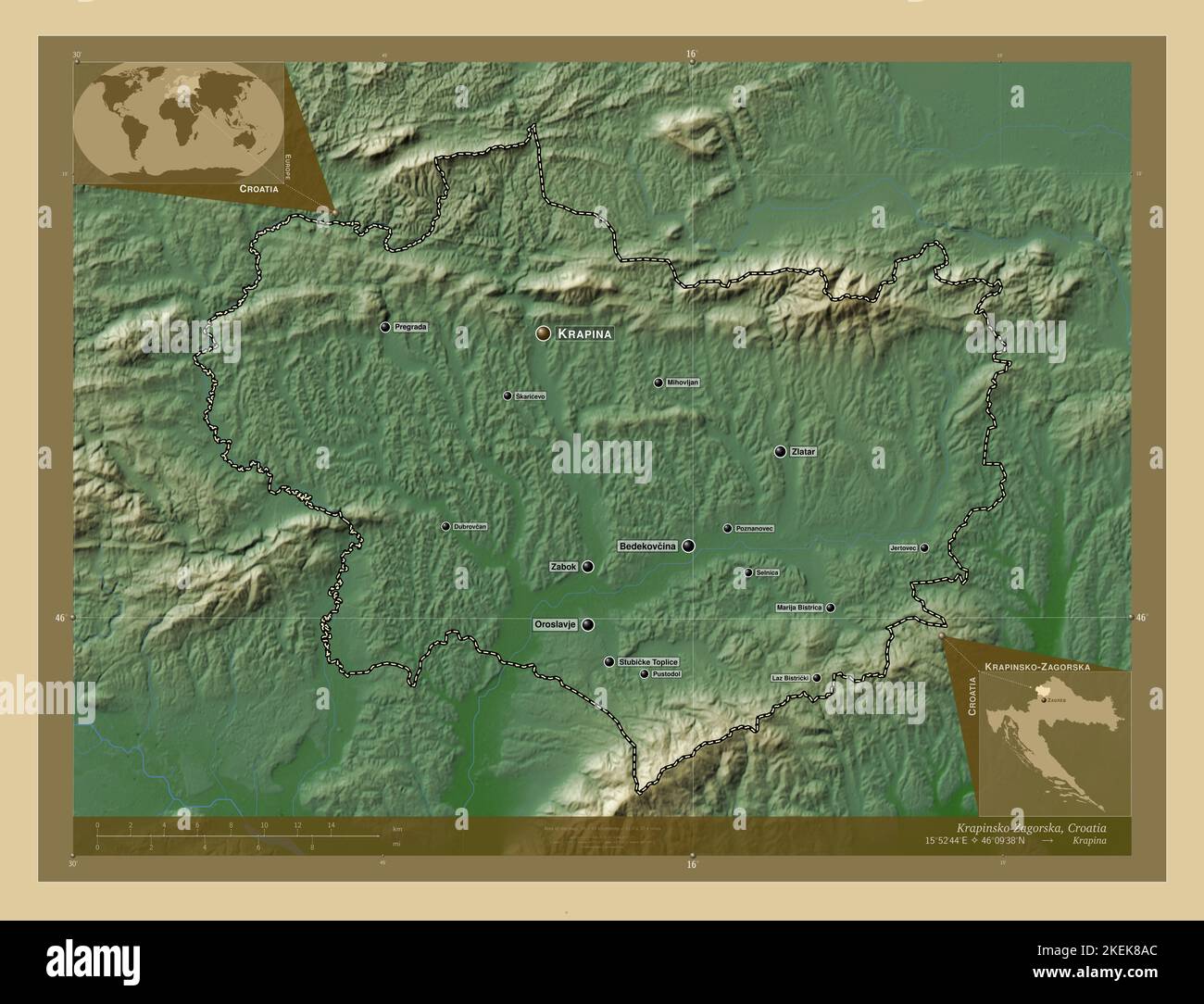 Krapinsko-Zagorska, county of Croatia. Colored elevation map with lakes ...