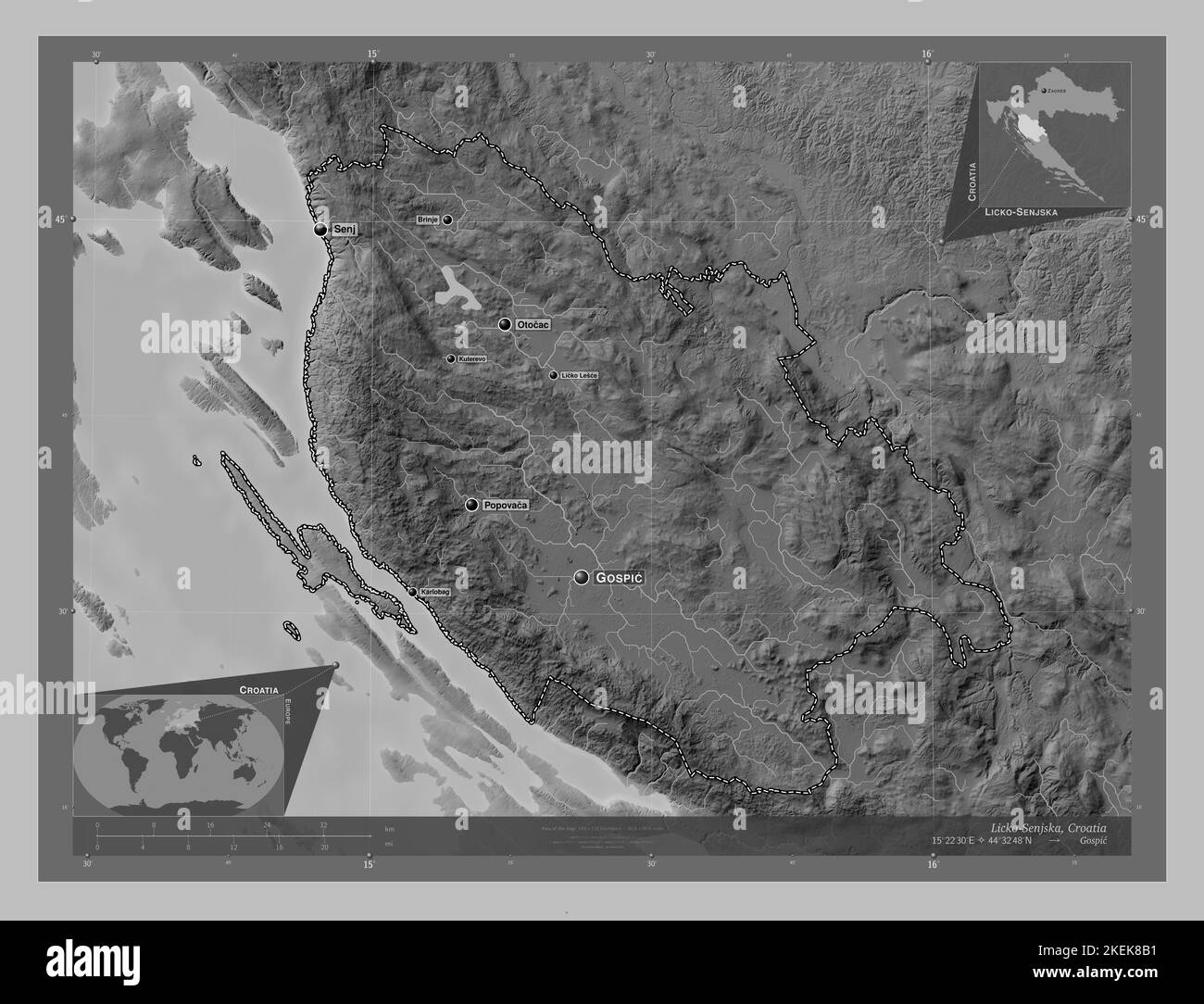 Licko-Senjska, county of Croatia. Grayscale elevation map with lakes ...