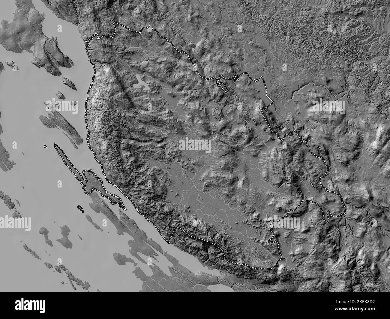 Licko-Senjska, county of Croatia. Bilevel elevation map with lakes and ...