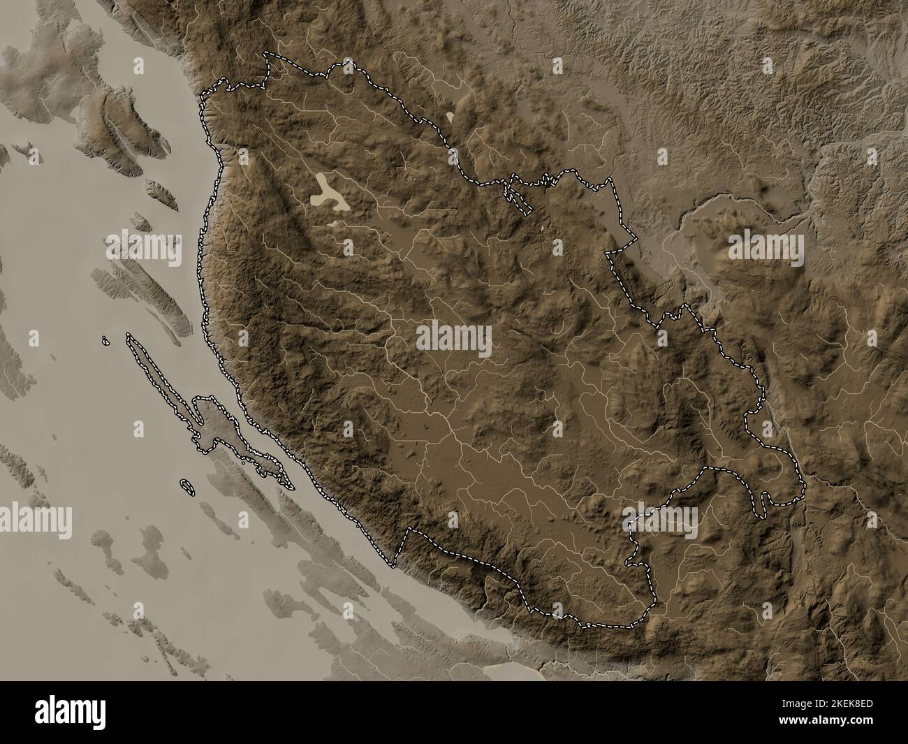 Licko-Senjska, county of Croatia. Elevation map colored in sepia tones ...