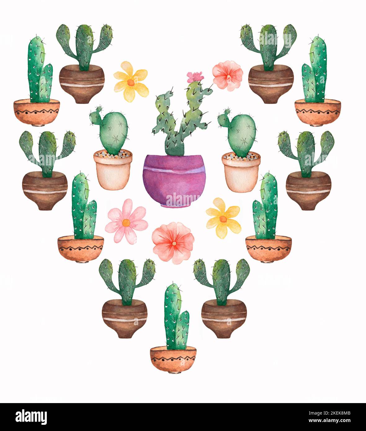 Watercolor hand drawn heart with cactus illustration. Cacti clipart ...