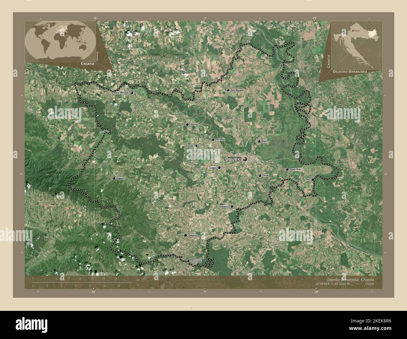 Osjecko-Baranjska, county of Croatia. High resolution satellite map ...