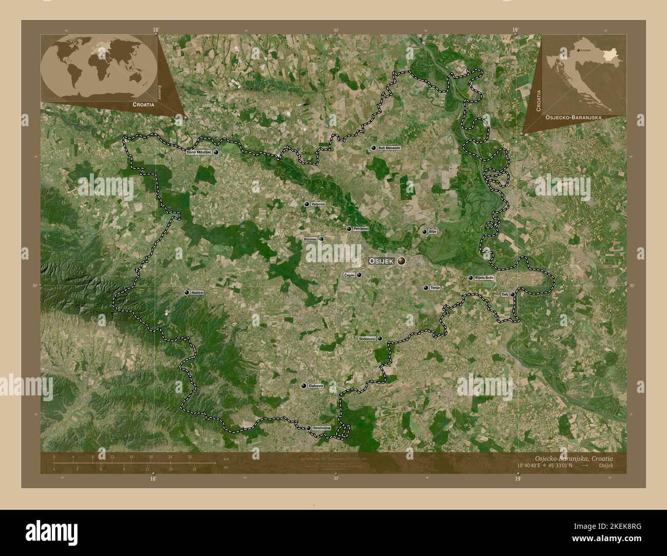 Osjecko-Baranjska, county of Croatia. Low resolution satellite map. Locations and names of major ...