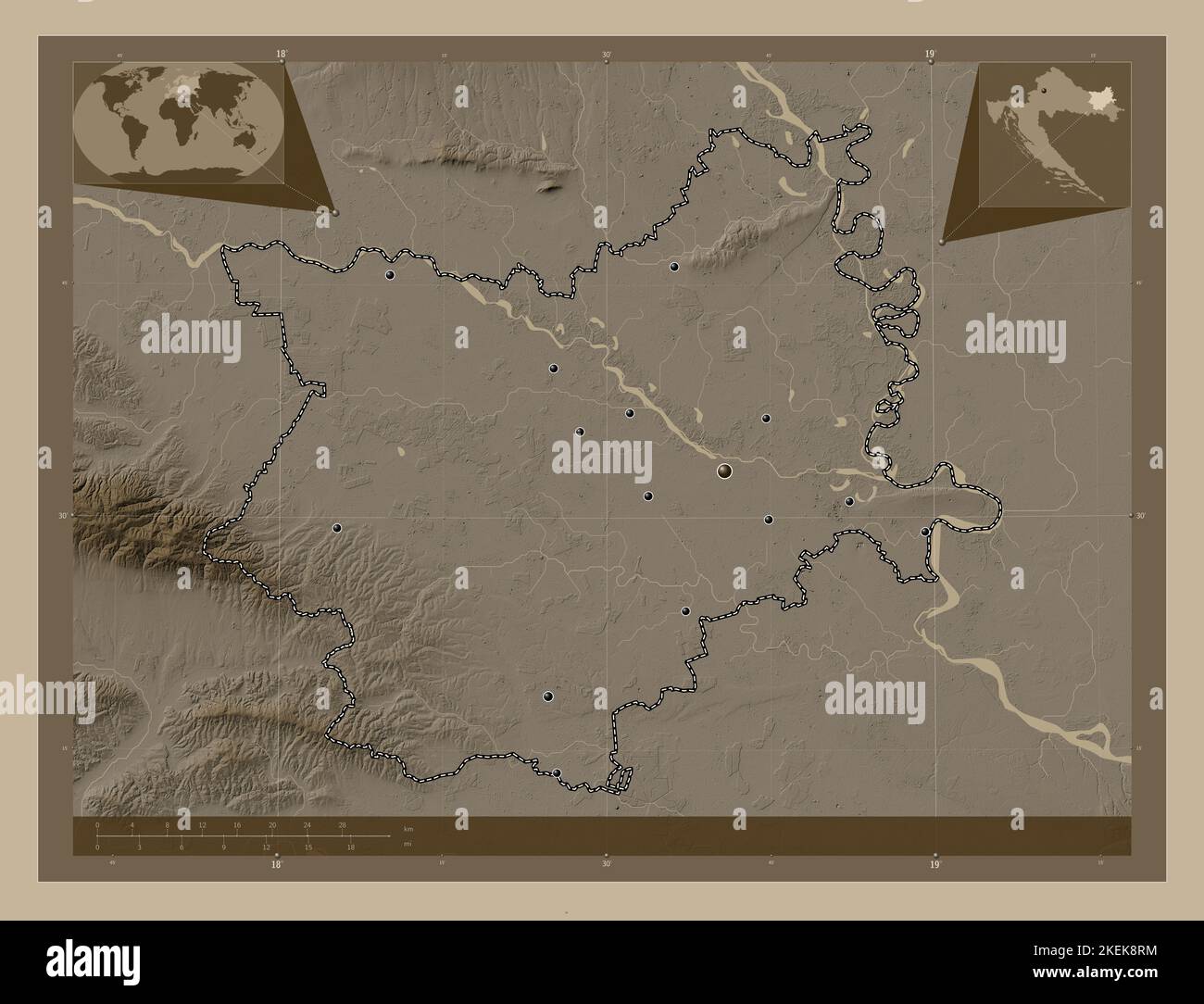 Osjecko-Baranjska, county of Croatia. Elevation map colored in sepia ...
