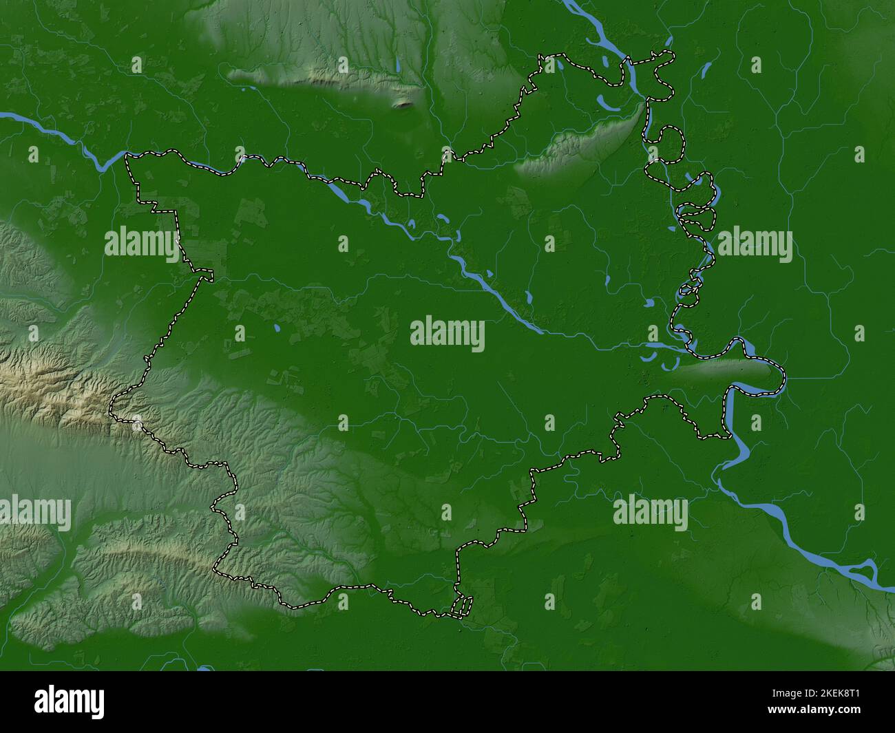 Osjecko-Baranjska, county of Croatia. Colored elevation map with lakes ...